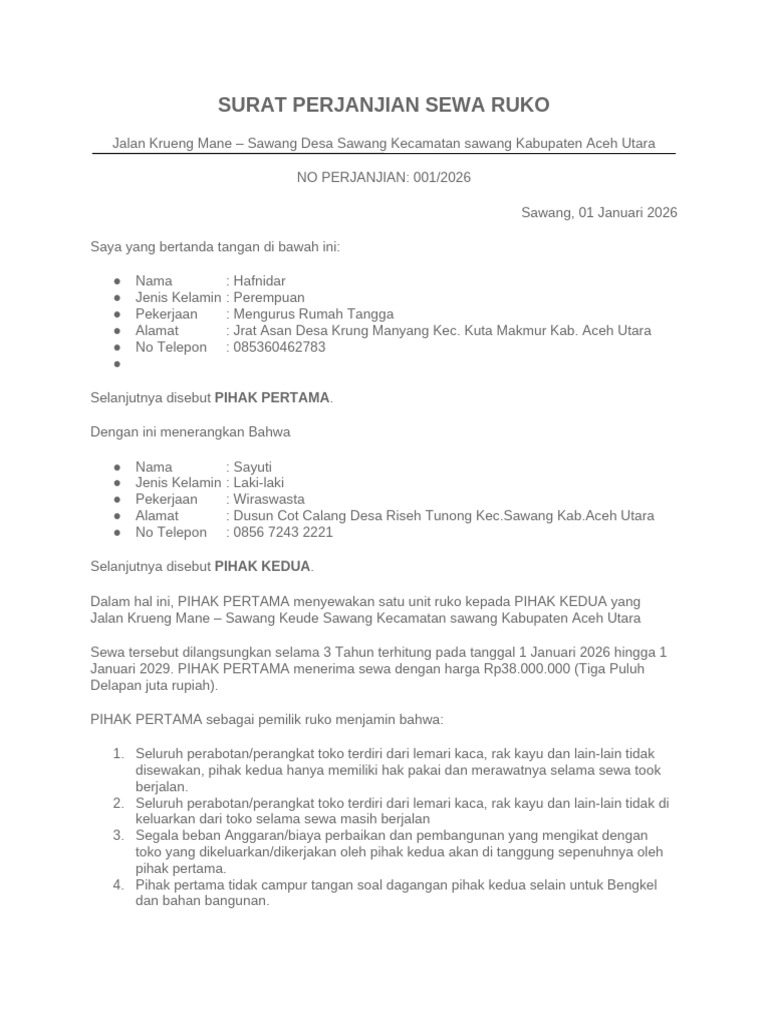 Surat Perjanjian Sewa Ruko Aceh Utara | PDF