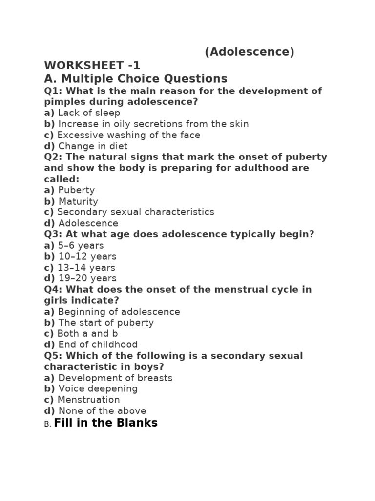 Adolescent Development Quiz Worksheet | PDF