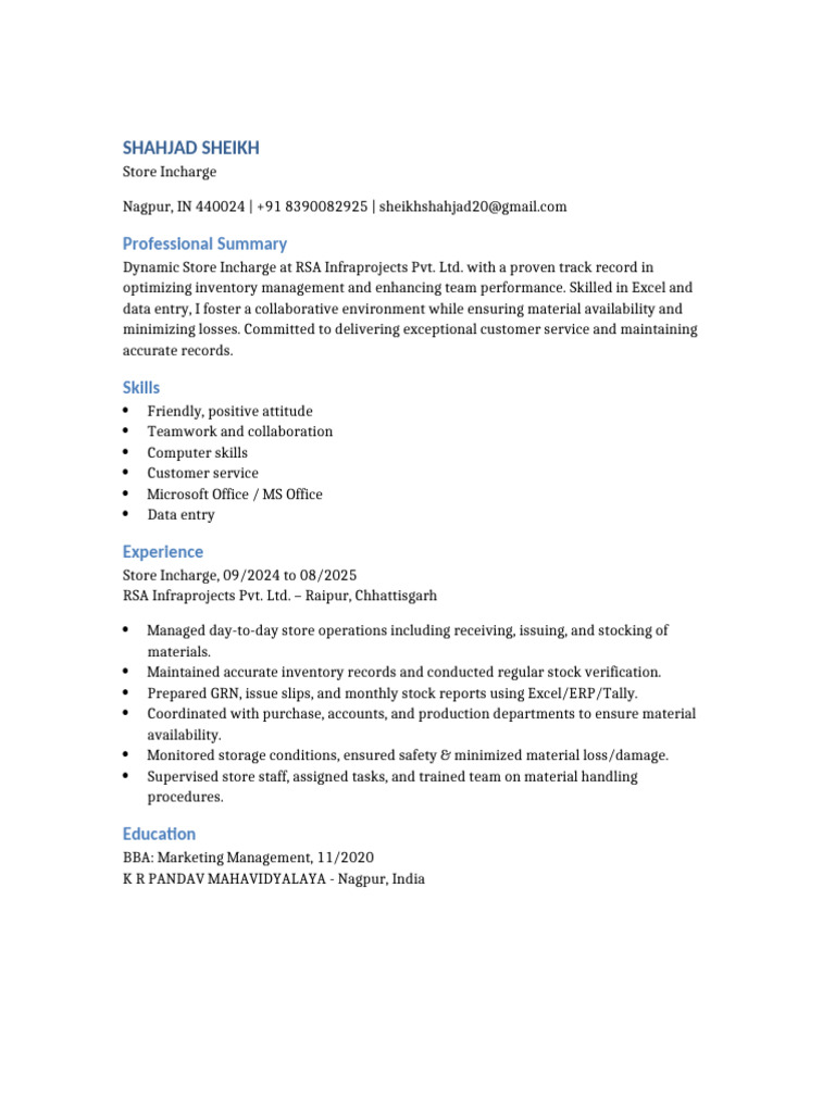 Store Incharge Resume | PDF