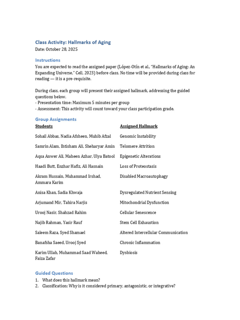 Instructions_Hallmarks of Aging (1) | PDF