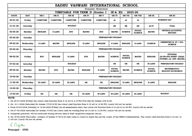 Term II Timetable 2025-26 for Grades I-IX & XI | PDF