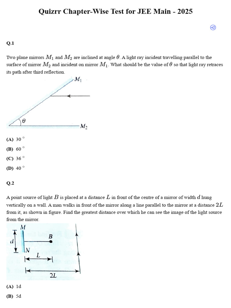 JEE Main 2025 Chapter-Wise Quiz Test | PDF | Mirror | Optics