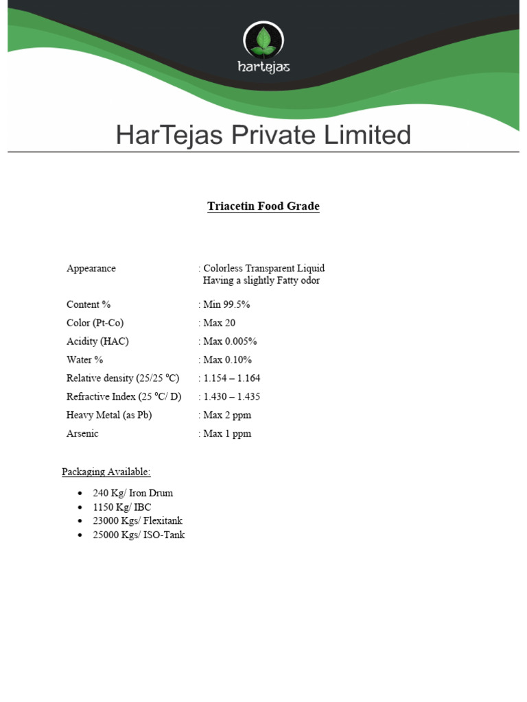 Food Grade Triacetin Specifications | PDF