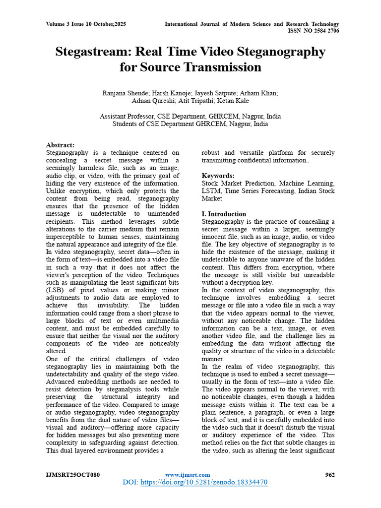 Stegastream Real-Time Video Steganography for Source Transmission | PDF | Data Compression ...
