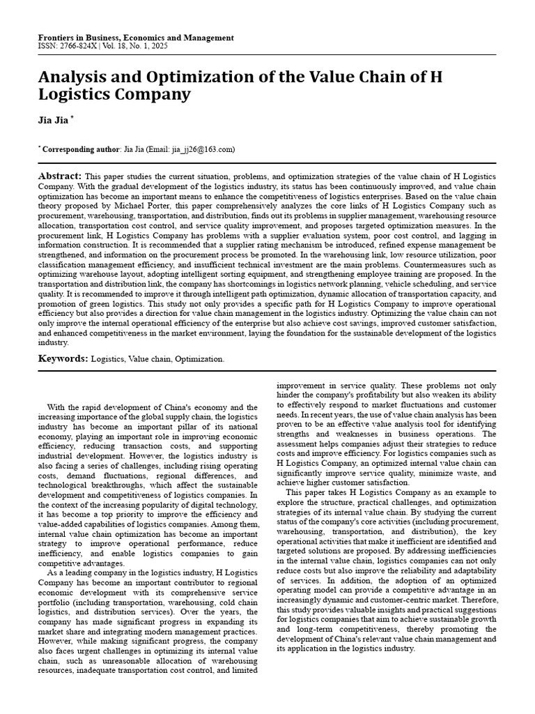Analysis and Optimization of the Value Chain of H | PDF | Logistics ...