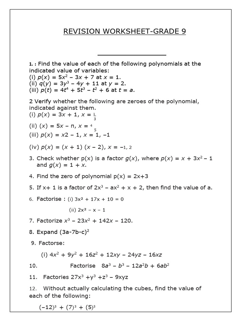 Grade 9 Revision Worksheet: Polynomials & Geometry | PDF | Area | Sphere