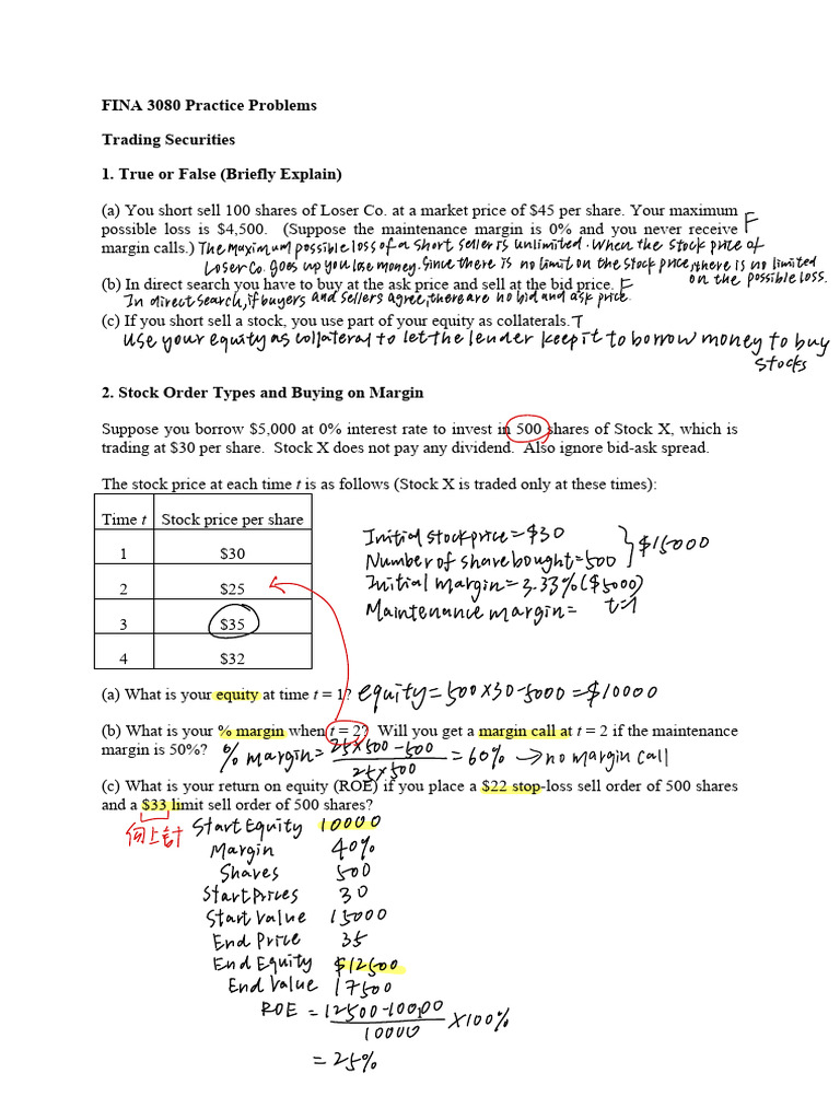 Chapter 1 Practice Problems | PDF | Stocks | Margin (Finance)