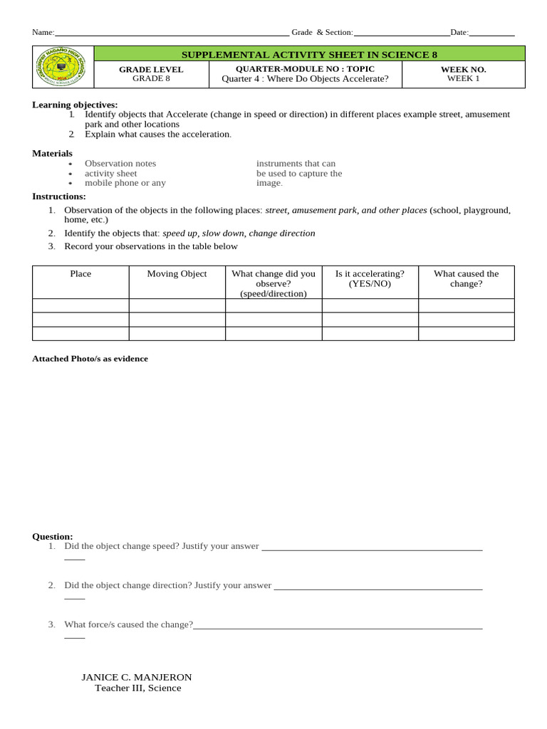 Quarter 4 Activity 1 Acceleration | PDF