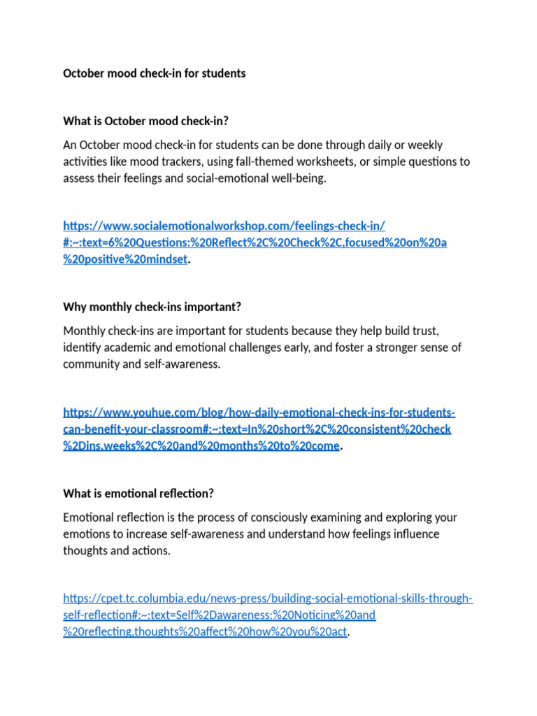 October Mood Check-In for Students | PDF | Feeling | Self Awareness