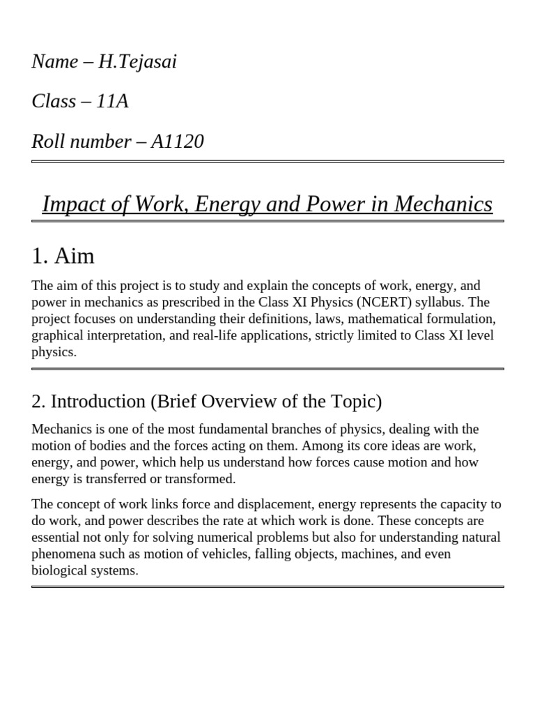 Class Xi Physics Project - Work, Energy and Power in Mechanics | PDF ...