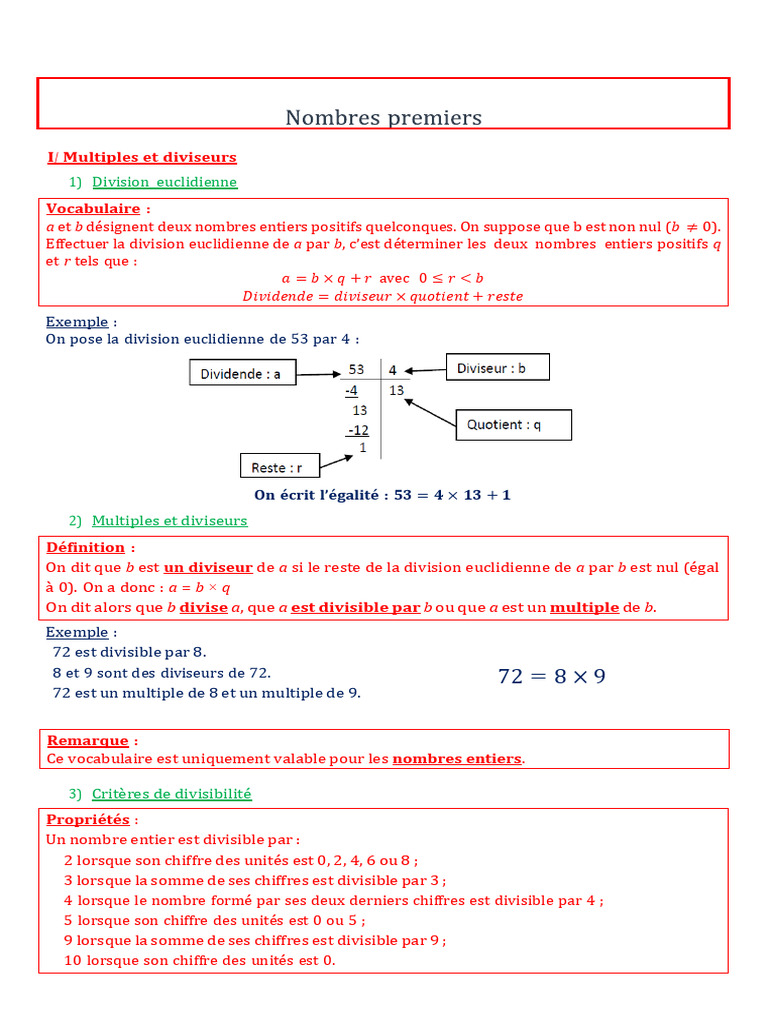 Multiples, Diviseurs et Nombres Premiers | PDF | Théorie des nombres ...