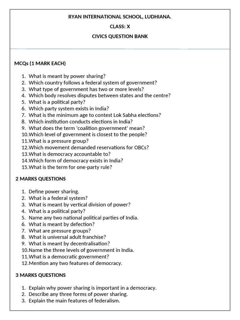 Civics Question Bank for Class X Students | PDF | Democracy | Political ...