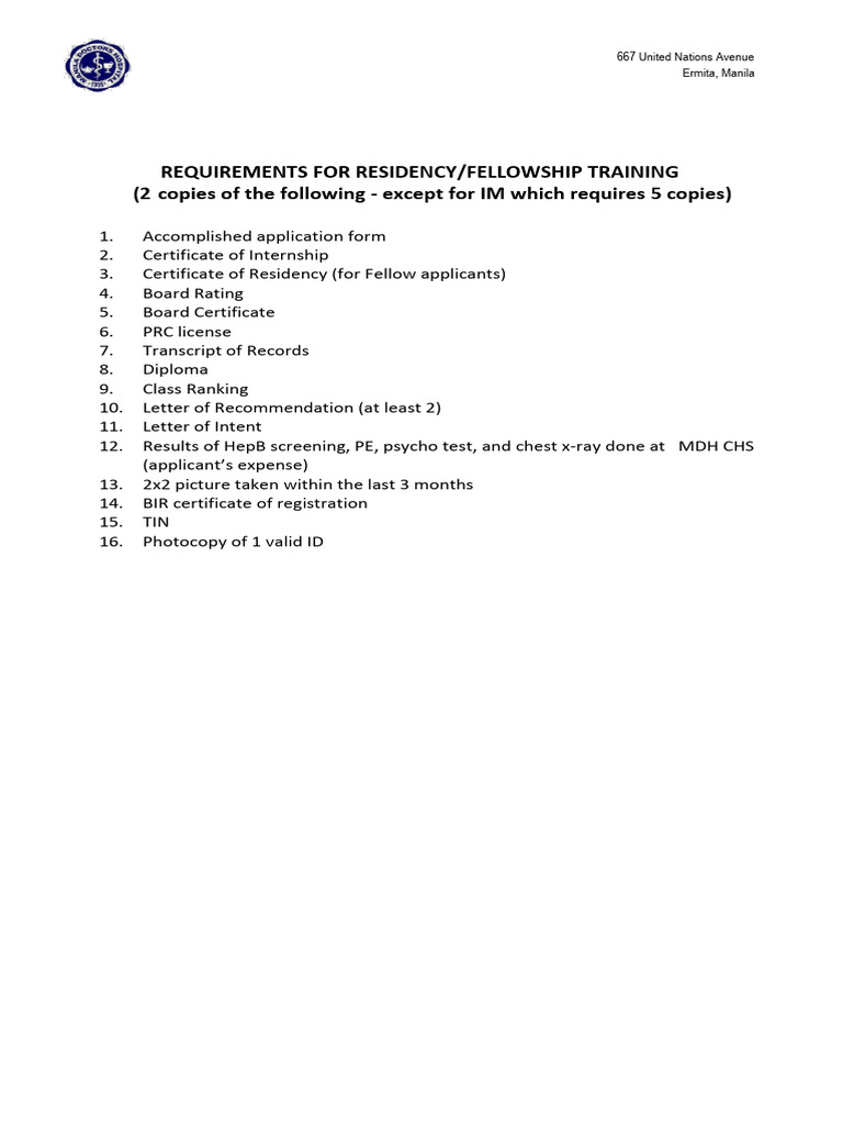 Manila Doctors Hospital Residency Requirements | PDF | Residency (Medicine)