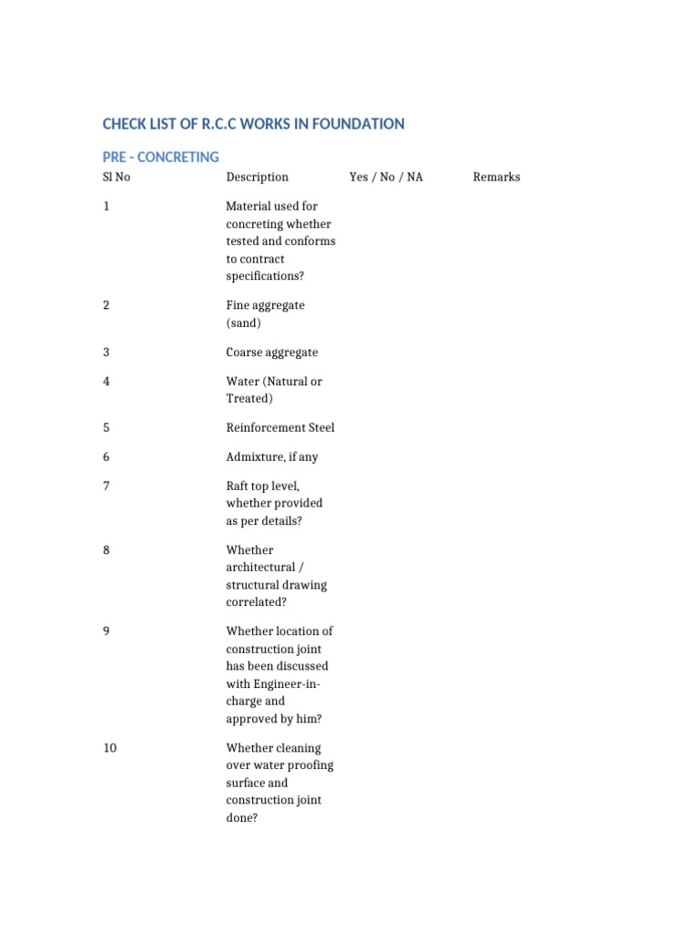 R.C.C Foundation Work Checklist | PDF | Concrete | Building Materials