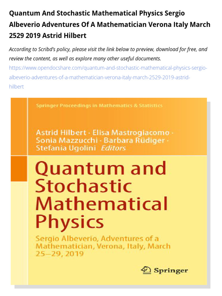 Quantum And Stochastic Mathematical Physics Sergio Albeverio Adventures ...