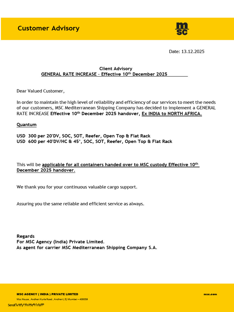 MSC Rate Increase Notice for 2025 | PDF