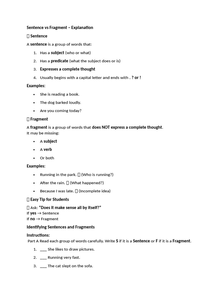 Sentence vs Fragment Worksheet Hw | PDF