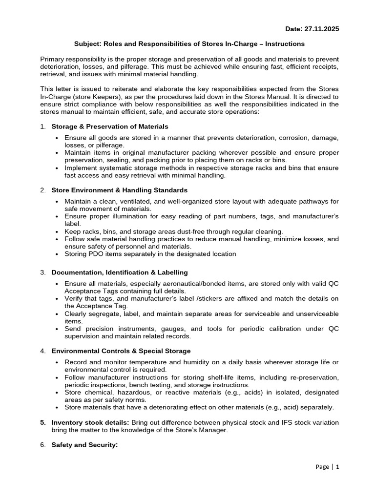 Stores In-Charge Responsibilities Guide | PDF | Shelf Life