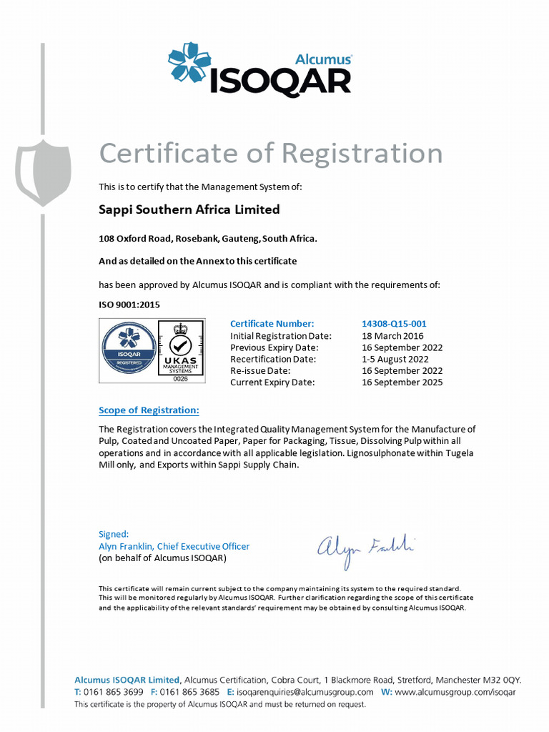 Sappi Southern Africa ISO 9001:2015 Certificate | PDF | Paper | Systems ...