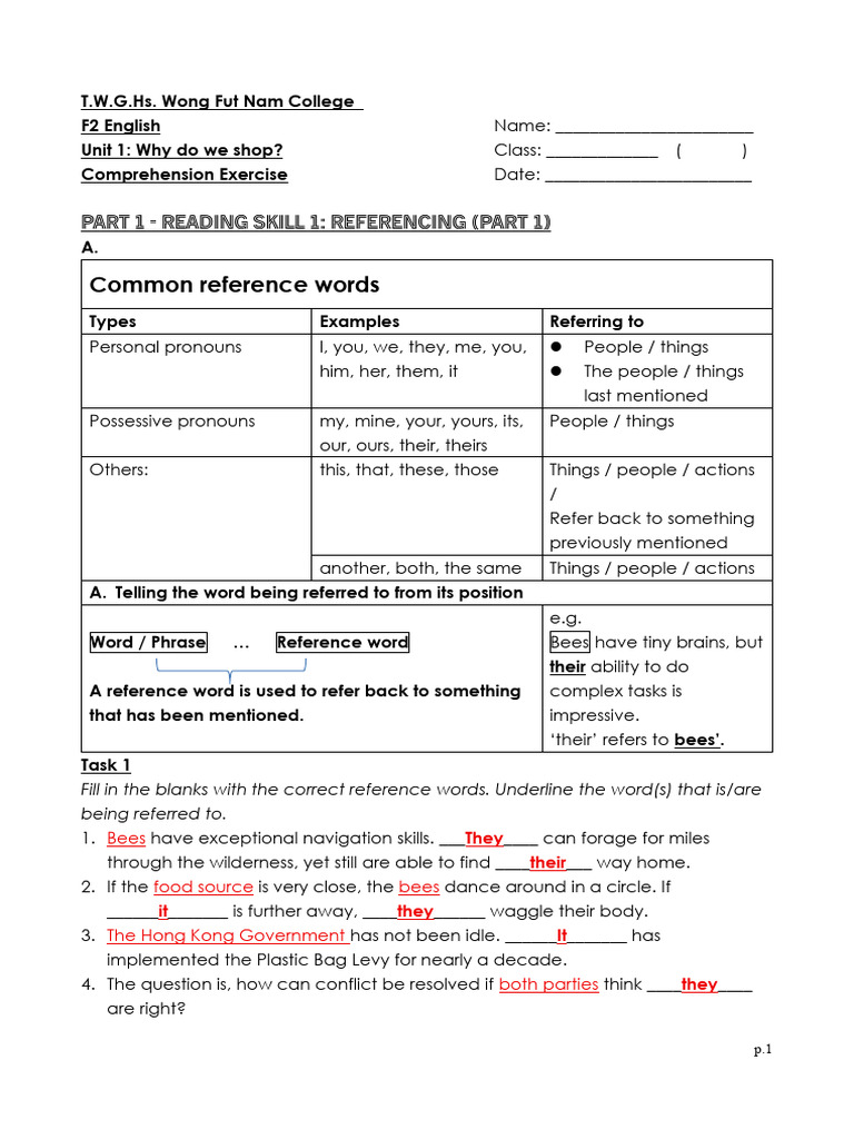 English Comprehension Exercise: Referencing | PDF | Part Of Speech ...