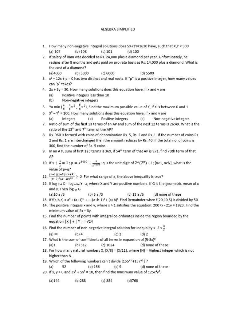 Algebra Simplified- PYQ, CAT | PDF | Equations | Numbers