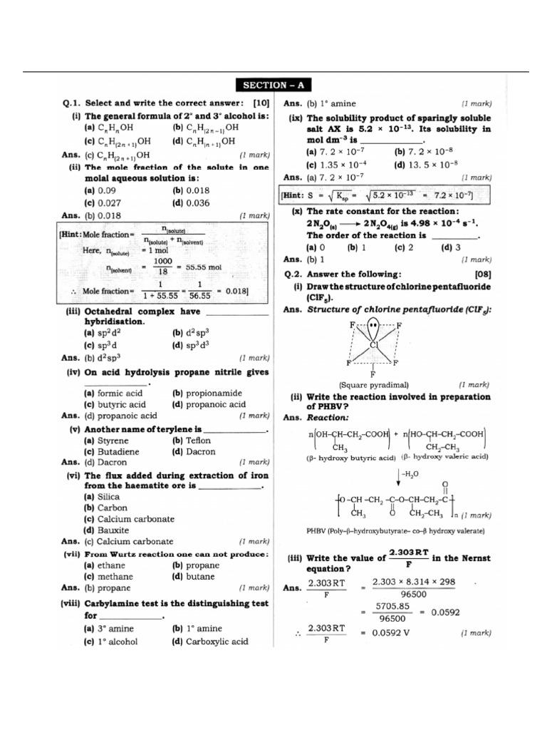 Board Paper Chemistry Answer Key & Solutions Dt.18!01!2026 | PDF