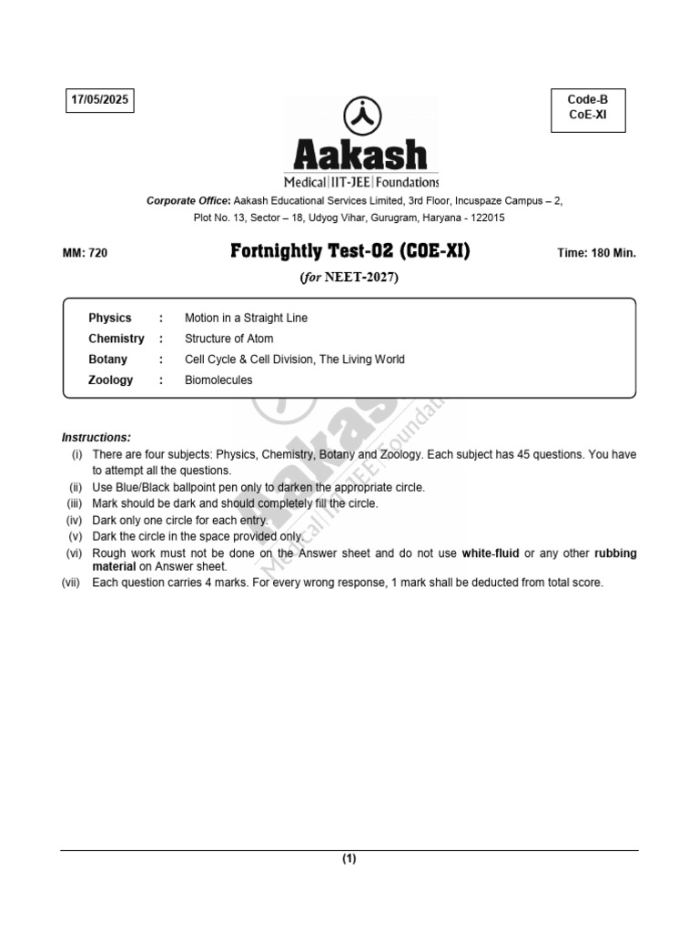 Fortnightly Test 02 (COE XI) | PDF | Atomic Orbital | Electron