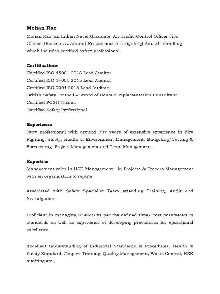 Mohan Rao: HSE Management Expert | PDF