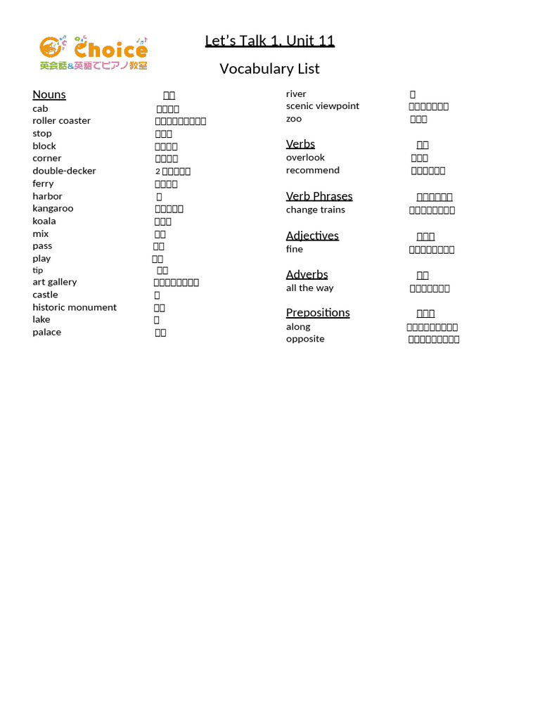 Let's Talk 1, Unit 11 Vocabulary List | PDF