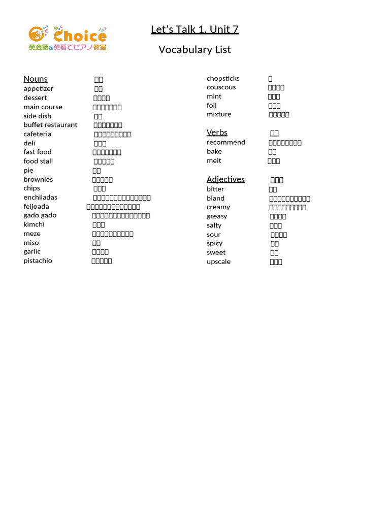 Let's Talk 1, Unit 7 Vocabulary List | PDF