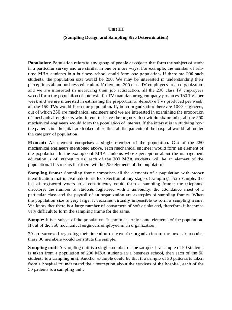 Unit III | PDF | Sampling (Statistics) | Sample Size Determination