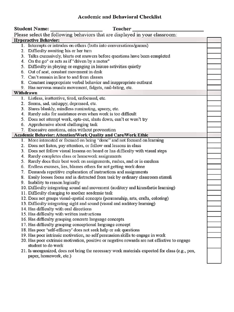 Academic and Behavoiral Checklist | PDF