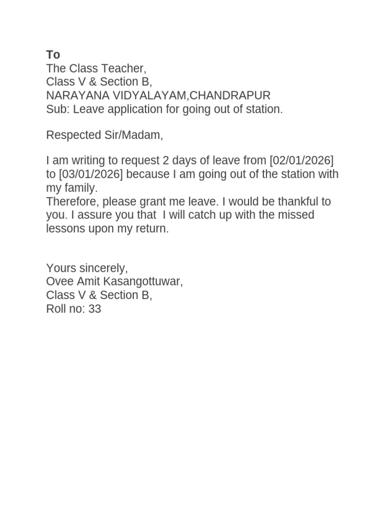 Leave Application for Class V Student | PDF