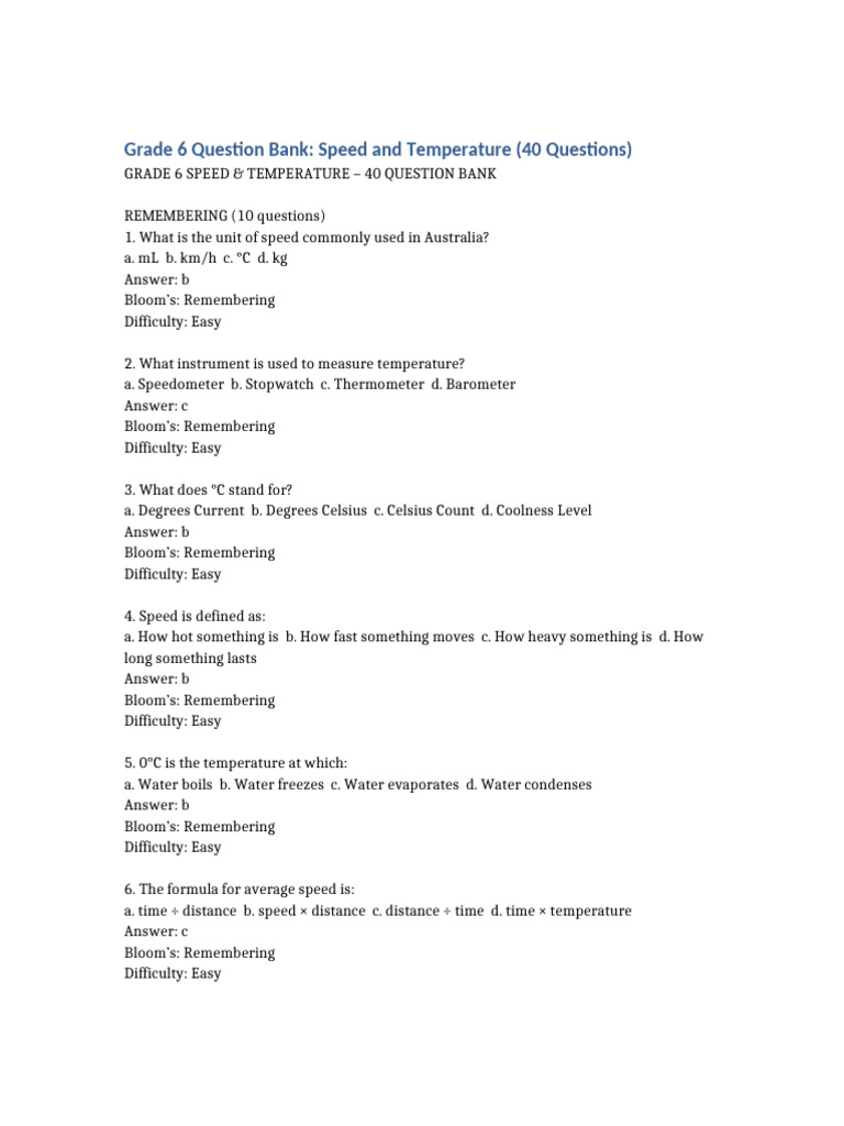 Grade 6 Speed and Temperature Quiz | PDF
