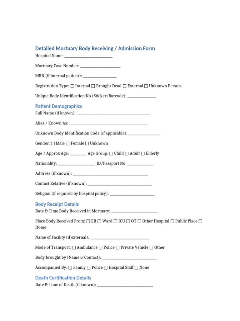Detailed Mortuary Forms Pack | PDF | Death | Health Care