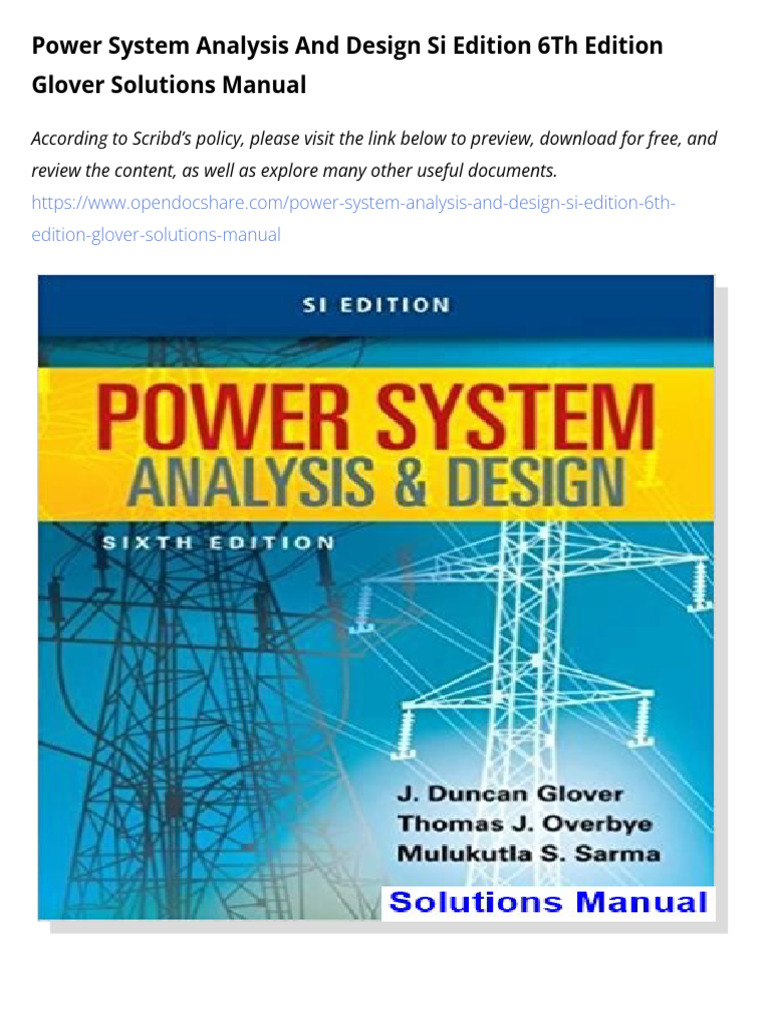 Power System Analysis and Design SI Edition 6th Edition Glover Solutions Manual | PDF ...