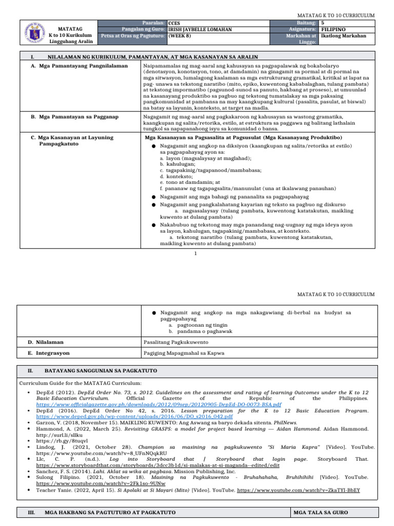 DLL Matatag - Filipino 5 q3 w8 | PDF