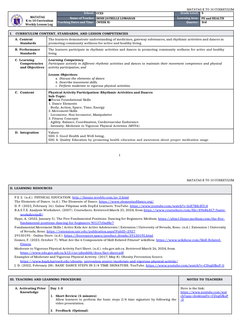 K-10 PE & Health Weekly Lesson Plan | PDF | Physical Fitness | Dances