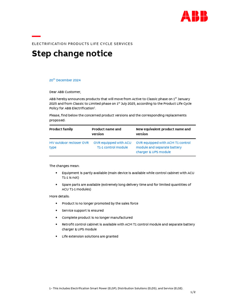 OVR Equipped With ACU T1-1 Control Module_StepChangeNotice | PDF | Electric Power