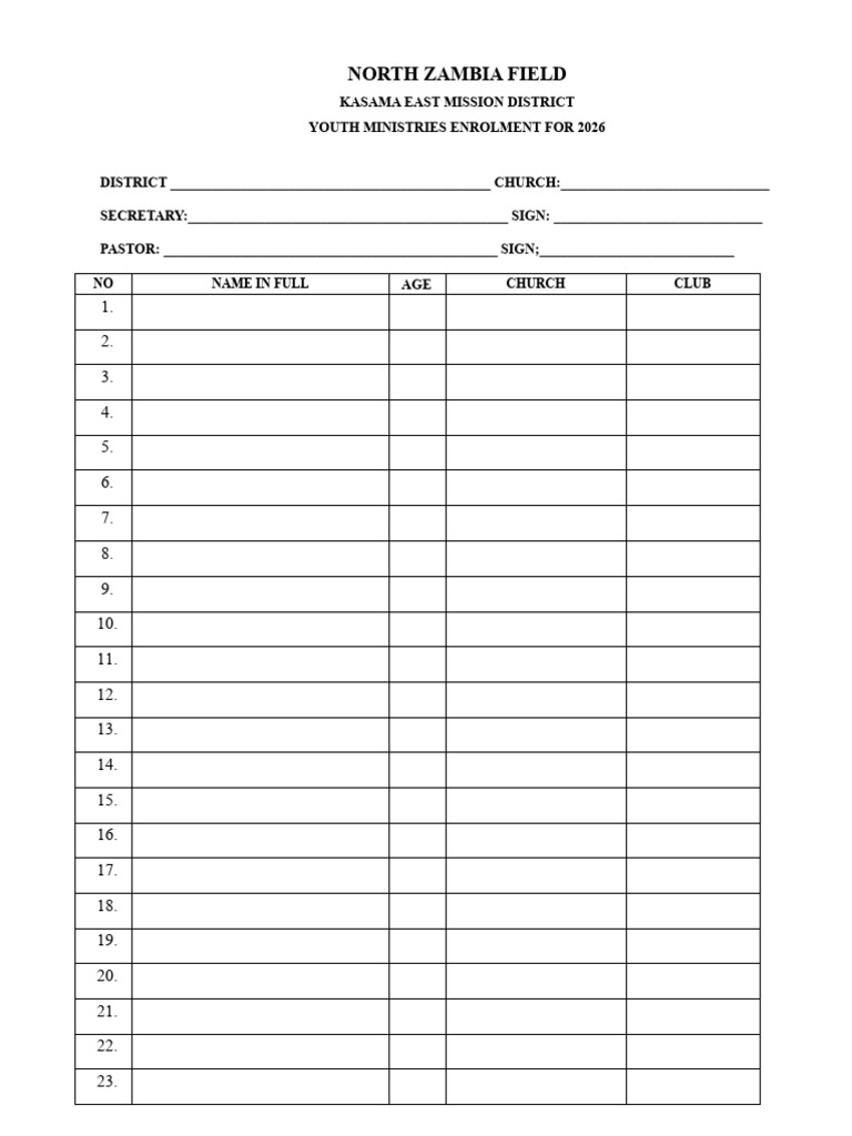 North Zambia Youth Ministries 2026 Registration | PDF | Seventh Day ...