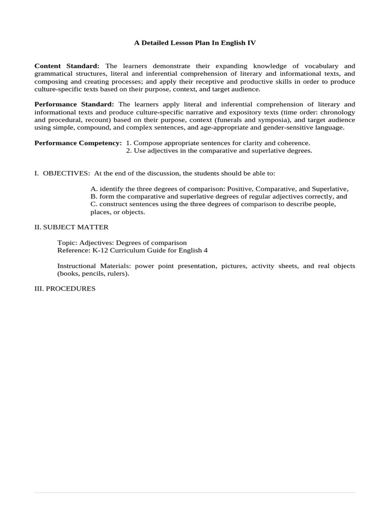 English IV Lesson Plan: Adjectives Comparison | PDF | Lesson Plan ...