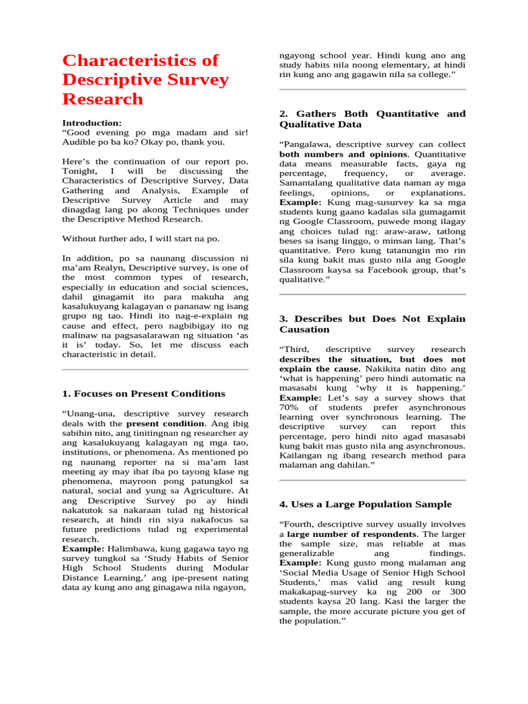 Descriptive Survey Research Characteristics | PDF | Survey Methodology ...