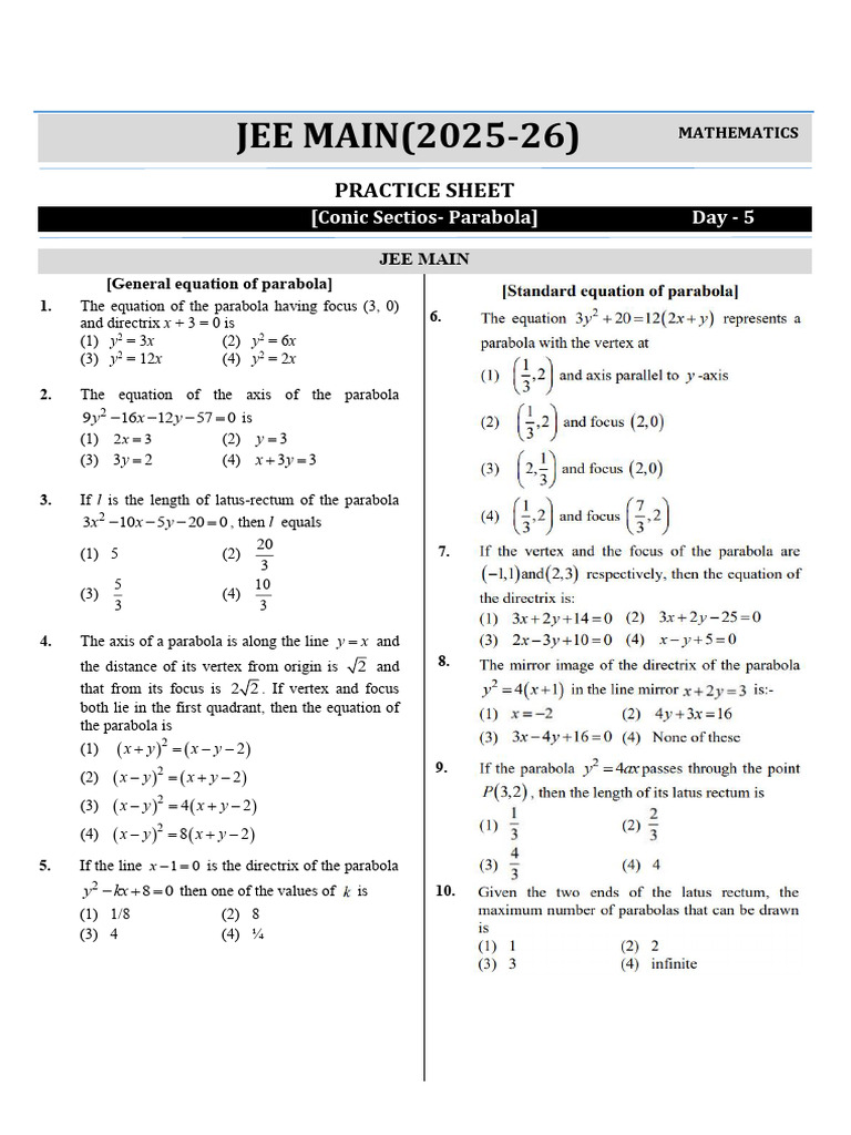 JEE Main 2025-26 Parabola Practice Sheet | PDF | Euclidean Plane ...
