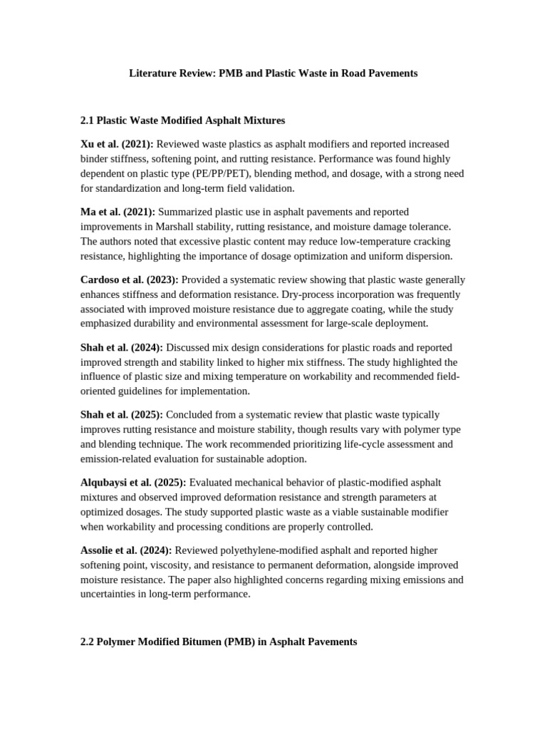 Literature Review PMB Plastic Waste | PDF | Road Surface | Materials ...