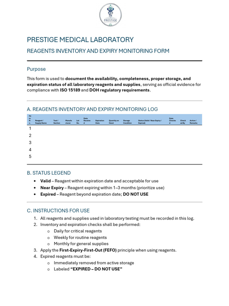 Reagents Inventory and Expiry Log Form | PDF | Pathology | Medical ...