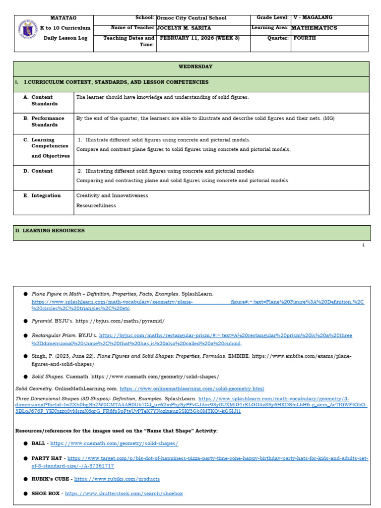 MATH 5_DLL_Q4_W3 DAY 3 | PDF | Length | Shape