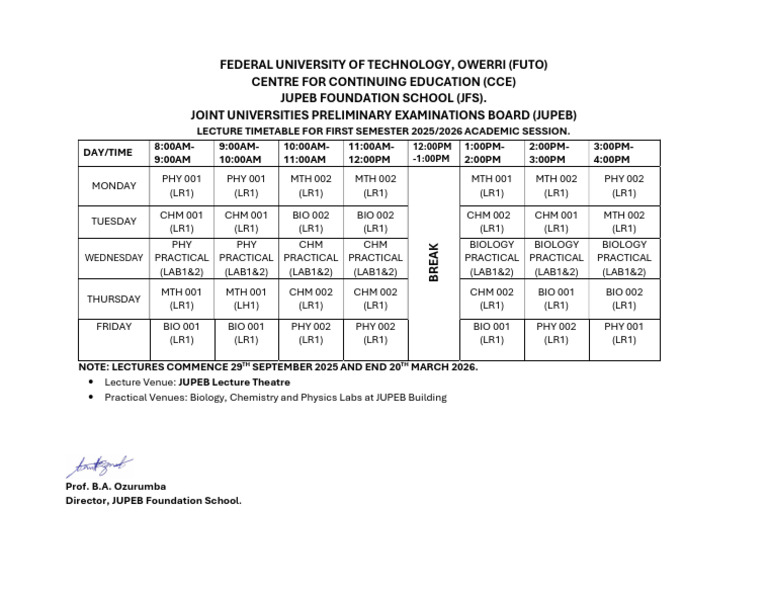 Jupeb First Semester Timetable 2025-2026 | PDF