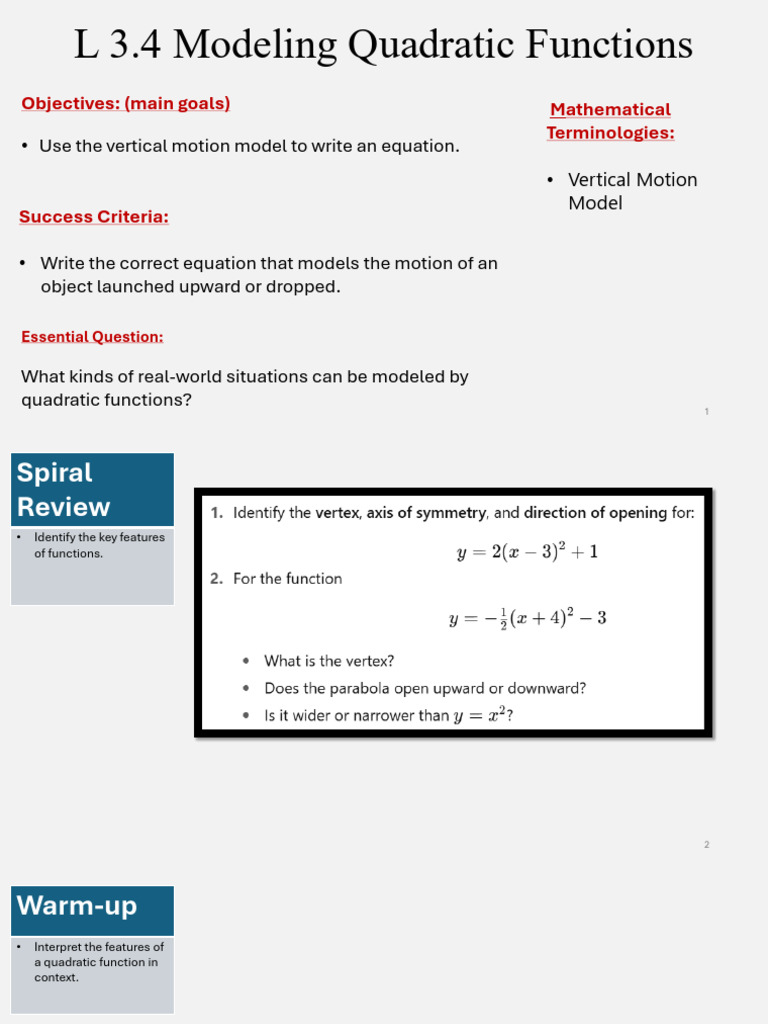 3.4 Modeling Quadratic Functions - Answer Key (2) (1) | PDF | Velocity | Quadratic Equation