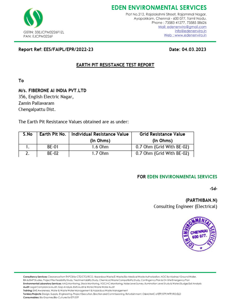 Earth Pit Test Report - FibreOne | PDF
