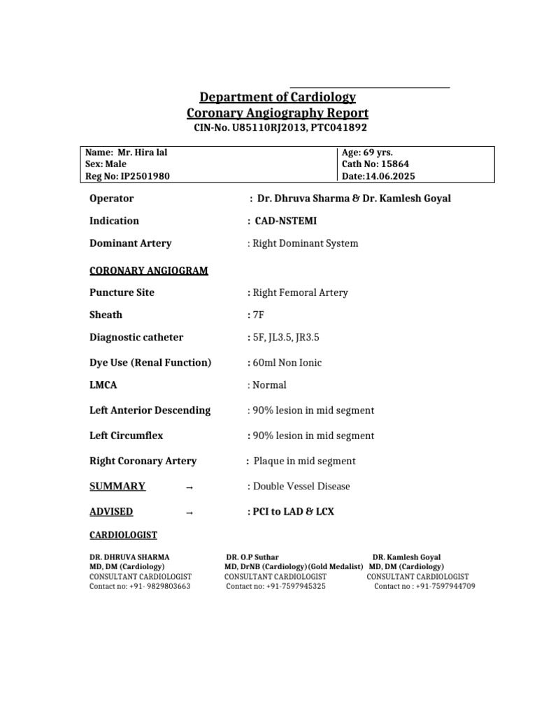 Coronary Angiography Report for CAD | PDF